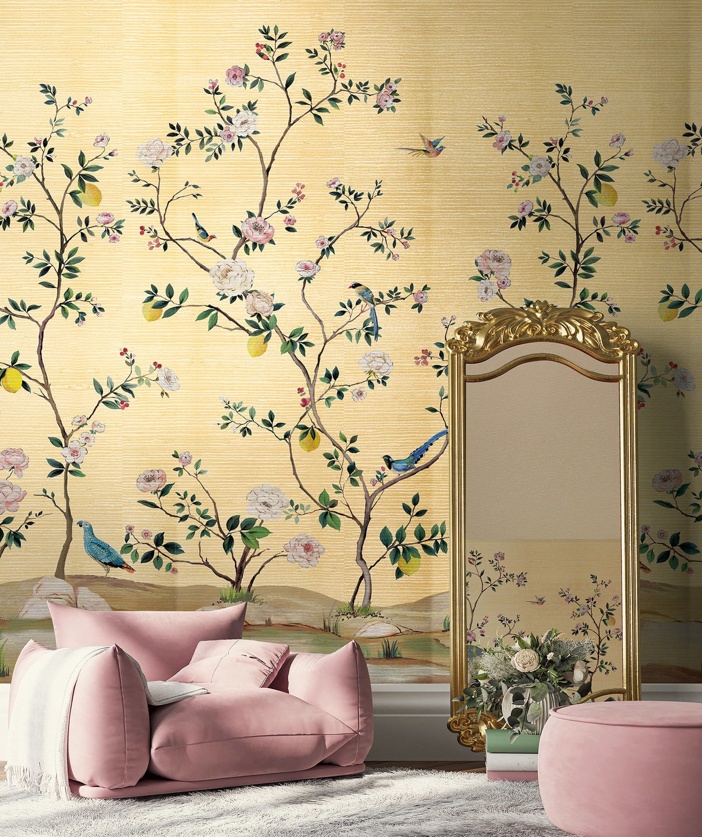 Blossom Chinoiserie Mural | Gold Grasscloth Metallic – Daisy Bennett ...
